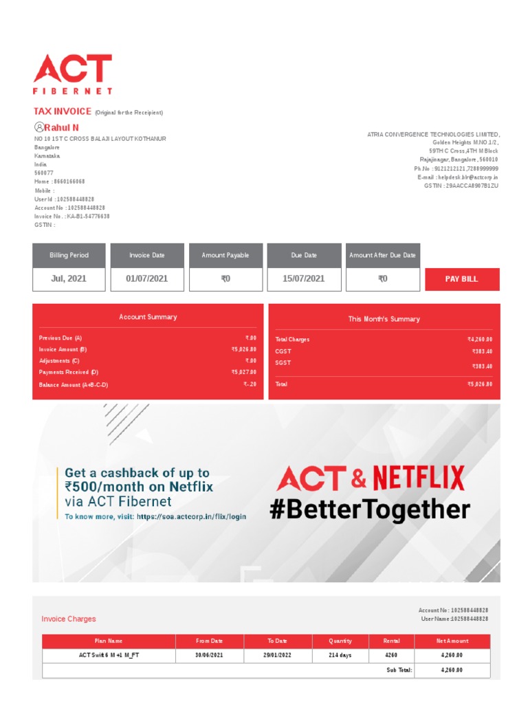 ACT Invoice Bill | PDF | Invoice | Taxes