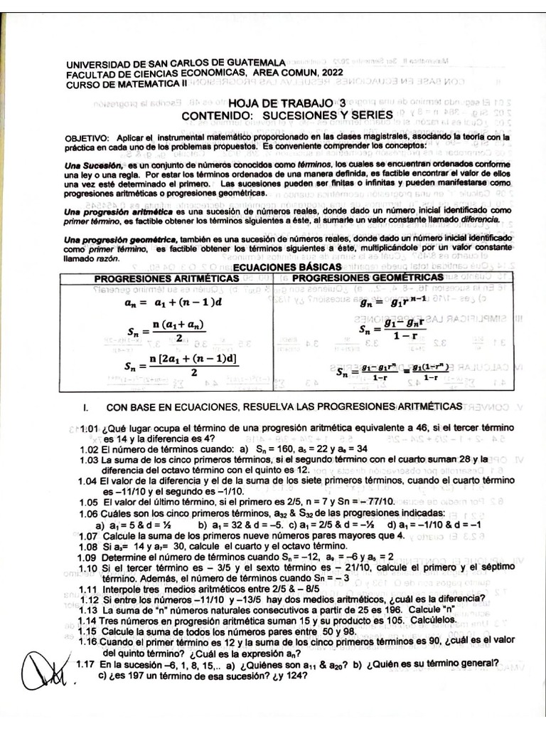 Hoja de Trabajo No. 3 Matemáticas II | PDF