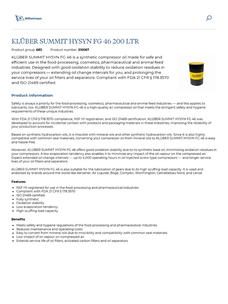 Klüber Summit Hysyn FG 46 200 LTR | PDF | Motor Oil | Oil