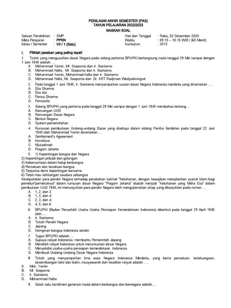 Soal PAS PPKN Kelas VII 2022/2023 | PDF | Politik