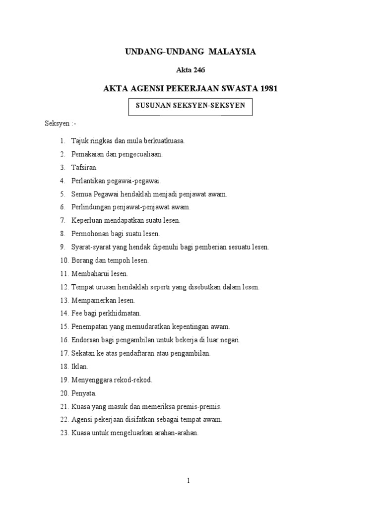 Akta Agensi Pekerjaan Swasta 1981 | PDF