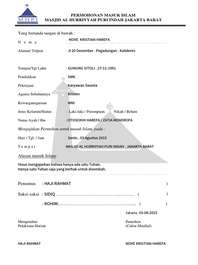 Formulir Masuk Islam MHPI | PDF