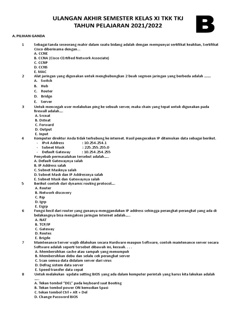 SOAL TKK TKJ KELAS XI UAS GENAP 2022 B Ok | PDF | Komputer