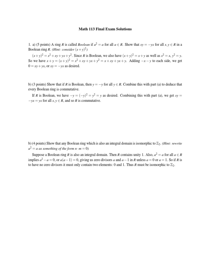 Math 113 Final Sol | Download Free PDF | Field (Mathematics) | Ring ...