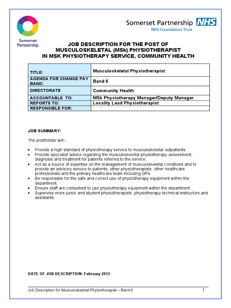 Job Description For MSK Physiotherapist Band 6 | PDF | Physical Therapy | Confidentiality
