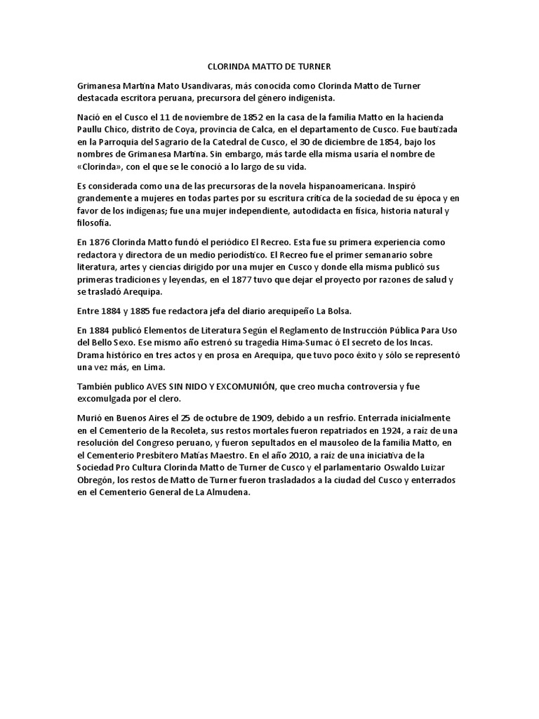 Clorinda Matto de Turner | PDF | Perú