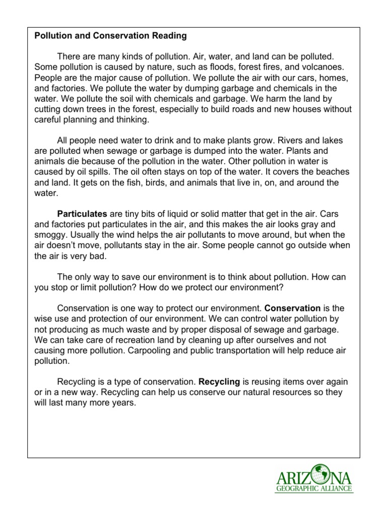Pollution Conservation Reading Explains How People Cause Pollution And ...