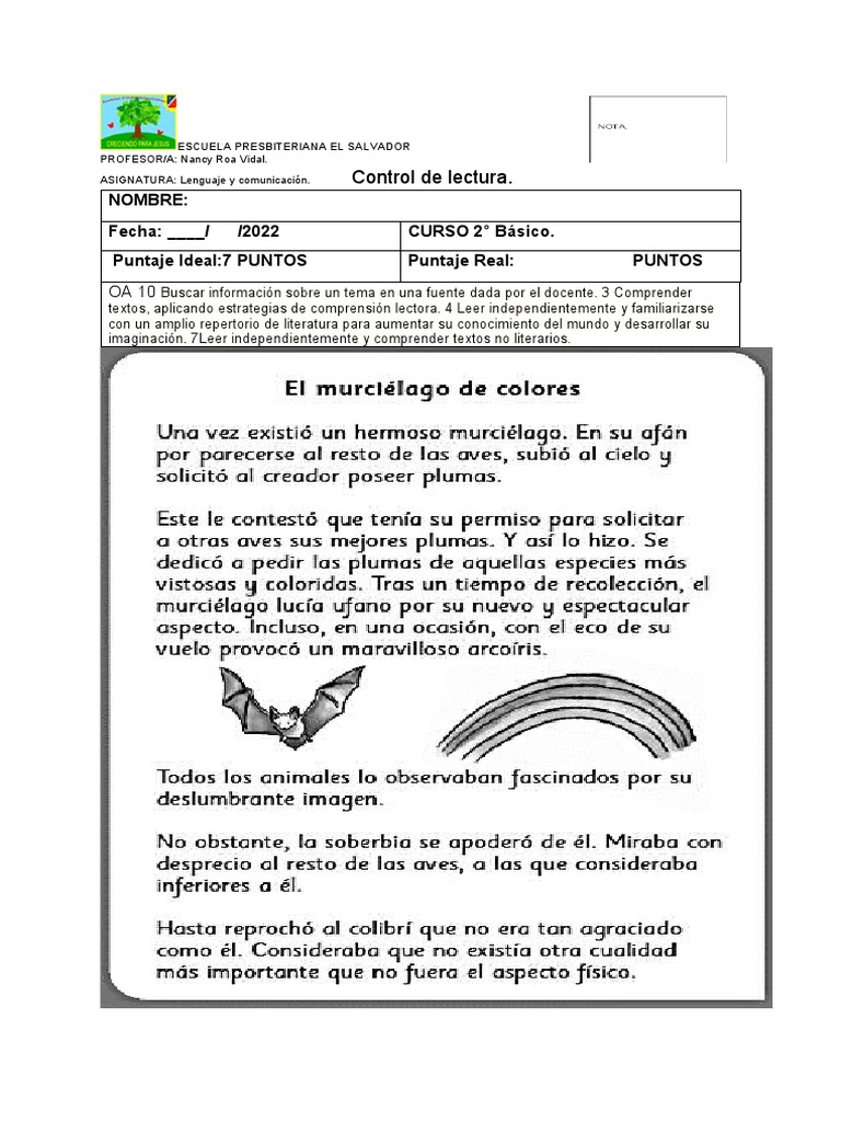 Control de Lectura 2° Básico: "El Murciélago de Colores" | PDF ...