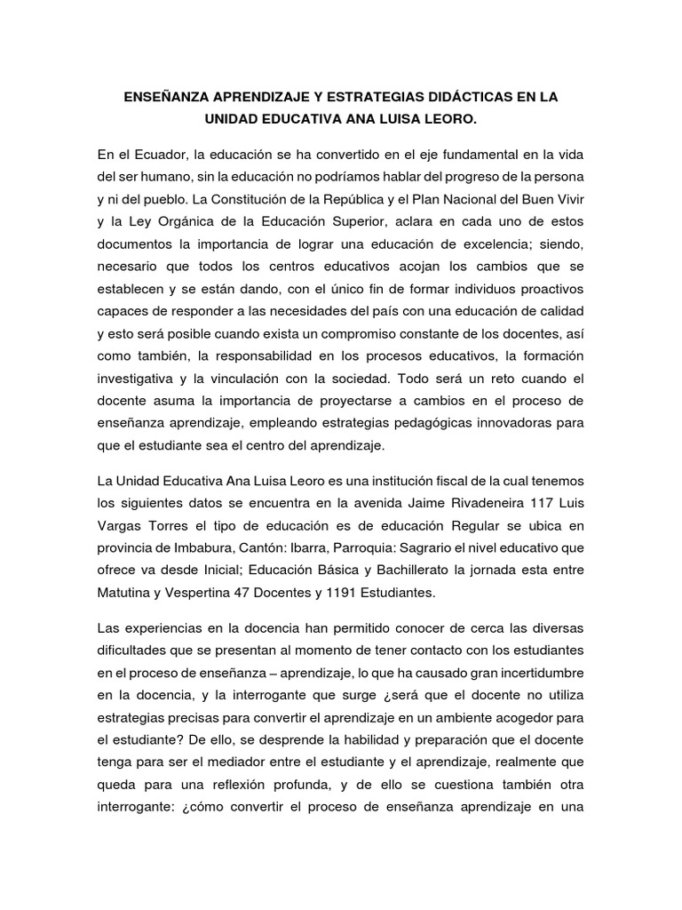 Enseñanza Aprendizaje y Estrategias Didácticas en La Unidad Educativa Ana Luisa Leoro | PDF ...