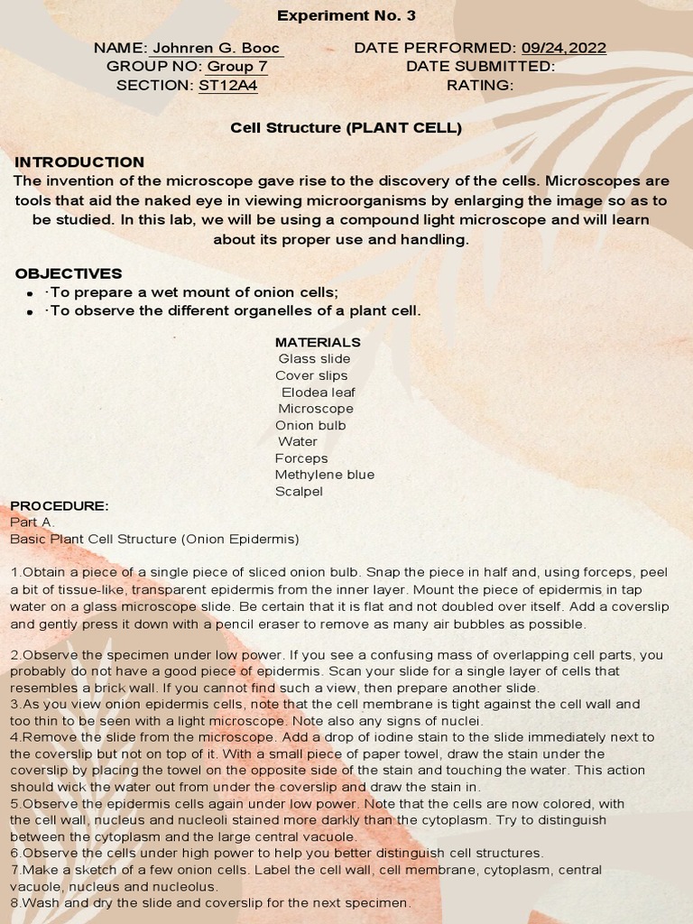 Experiment No.3 | PDF | Cell (Biology) | Cytoplasm