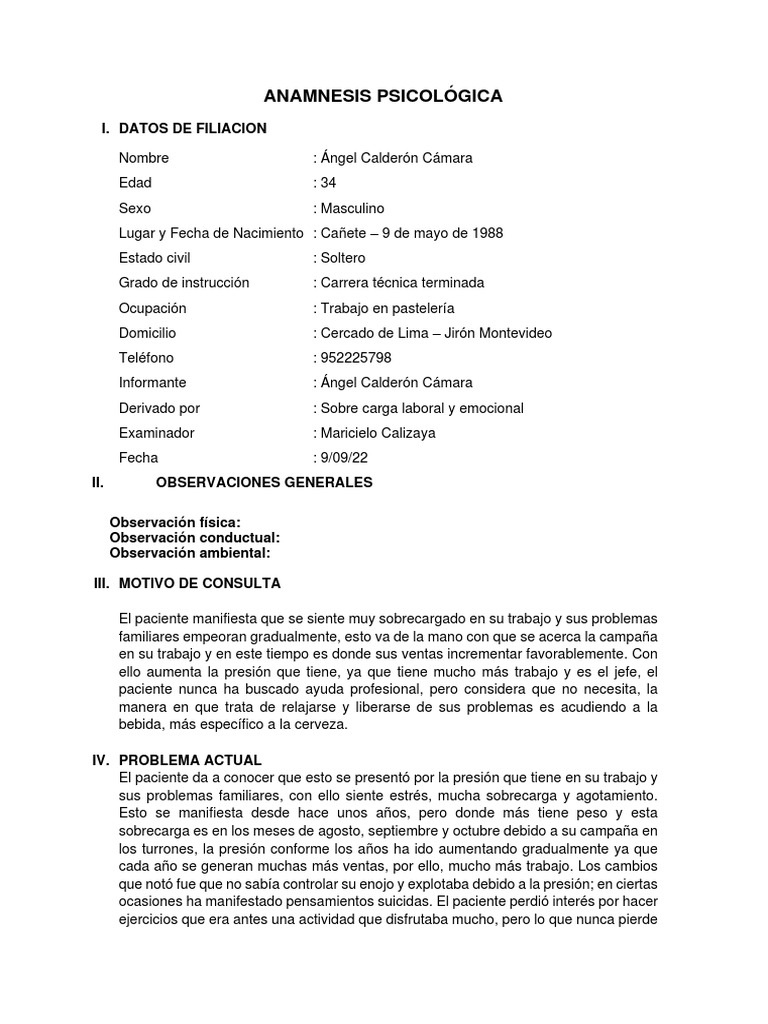 Anamnesis Psicológica | PDF | Sicología