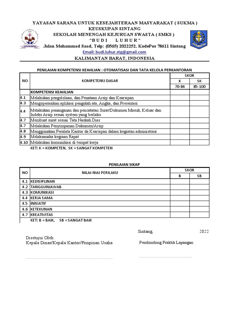 Penilaian Kompetensi Keahlian SMKS Sintang | PDF