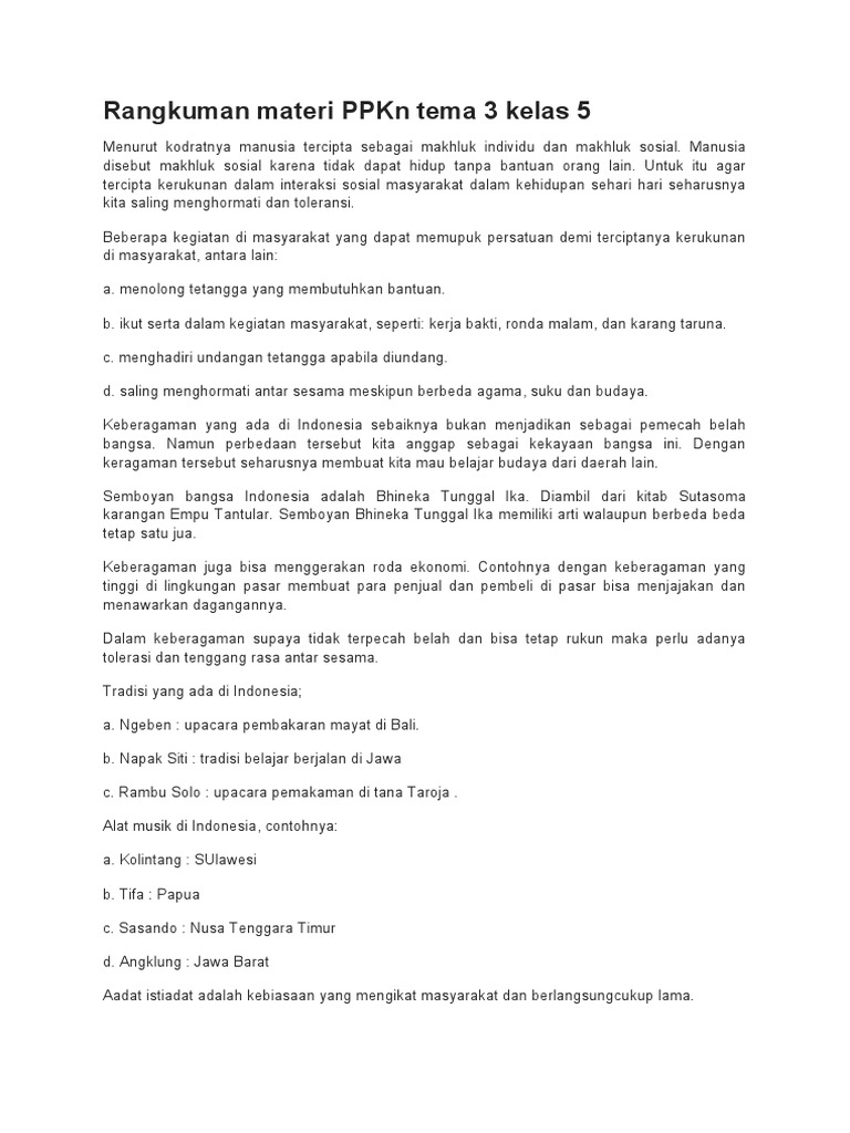 Rangkuman Materi PPKN Tema 3 Kelas 5 | PDF