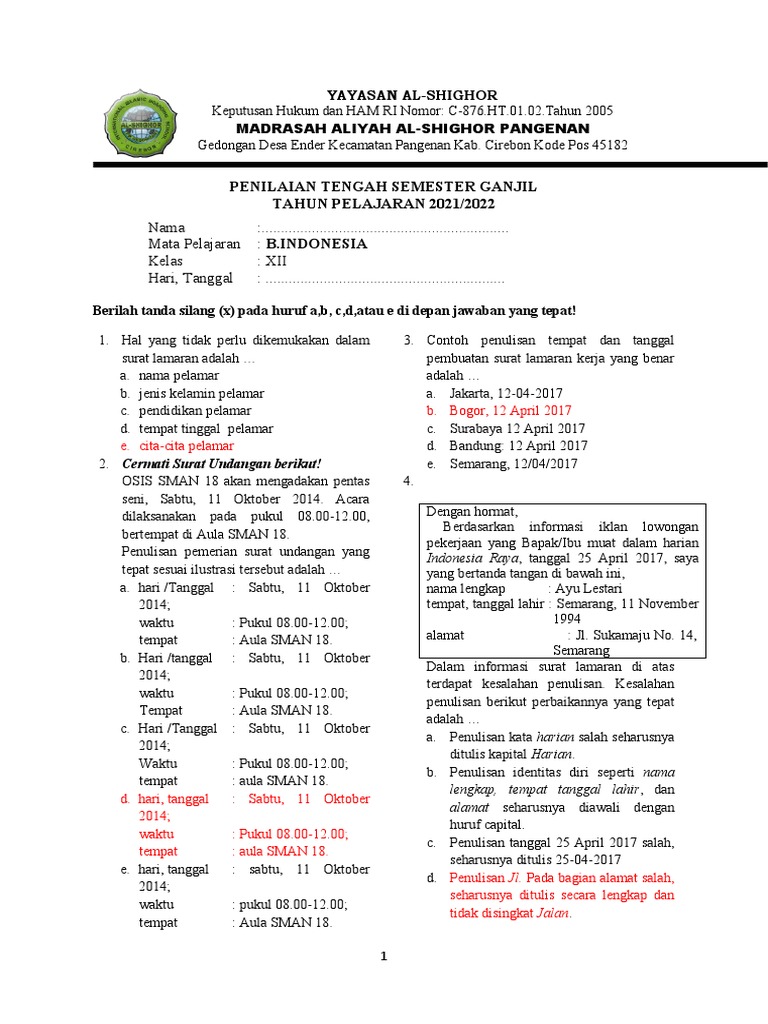 Soal Pts Xii Ma 2021 | PDF