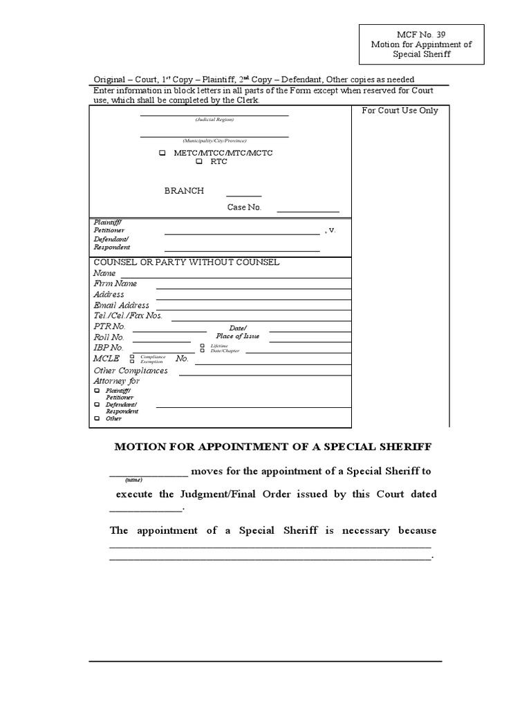 Motion For Appointment of Special Sheriff - SAMPLE FOR ACADEMIC USE ...