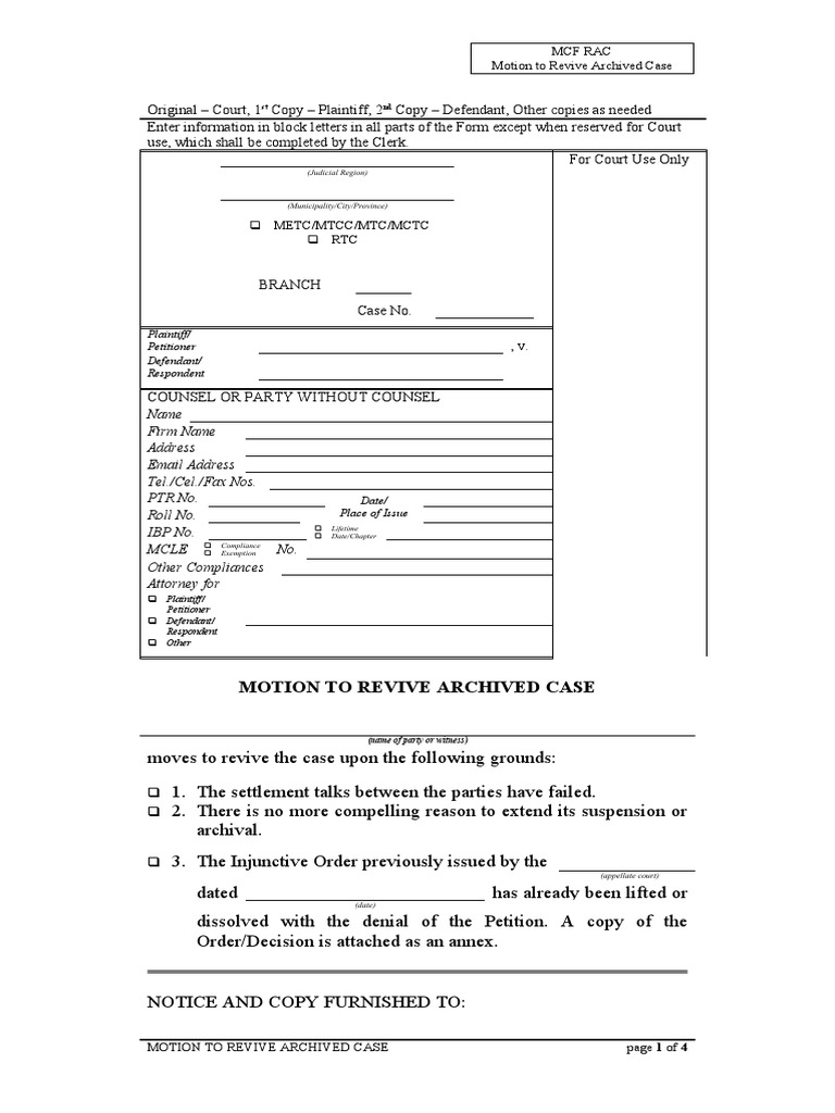 Motion To Revive Archived Case - Sample For Academic Use Only | PDF ...