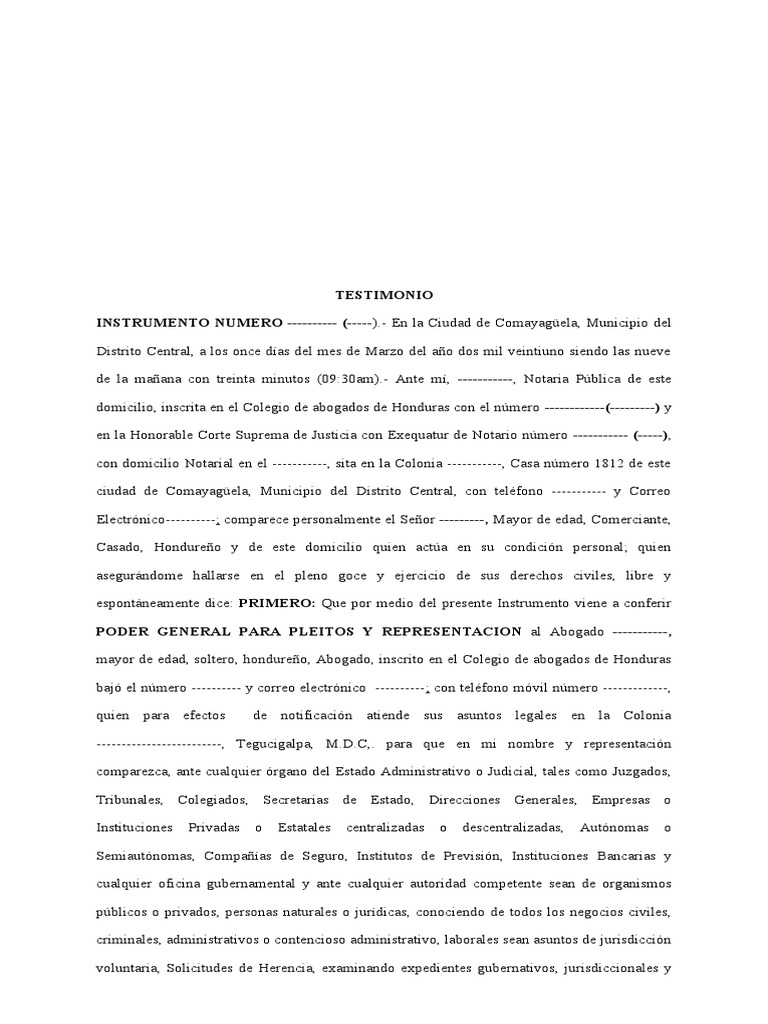 Testimonio de poder general para pleitos y representación otorgado por ...