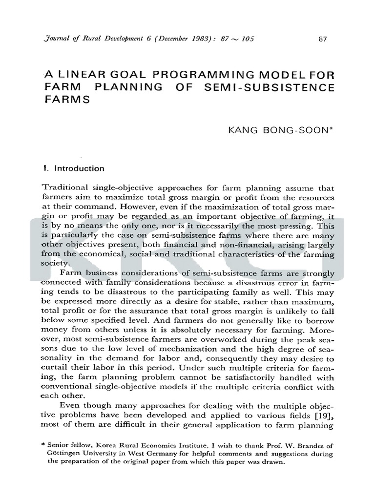 A Linear Goal Programming Model For Farm Planning Of Semi Subsistence