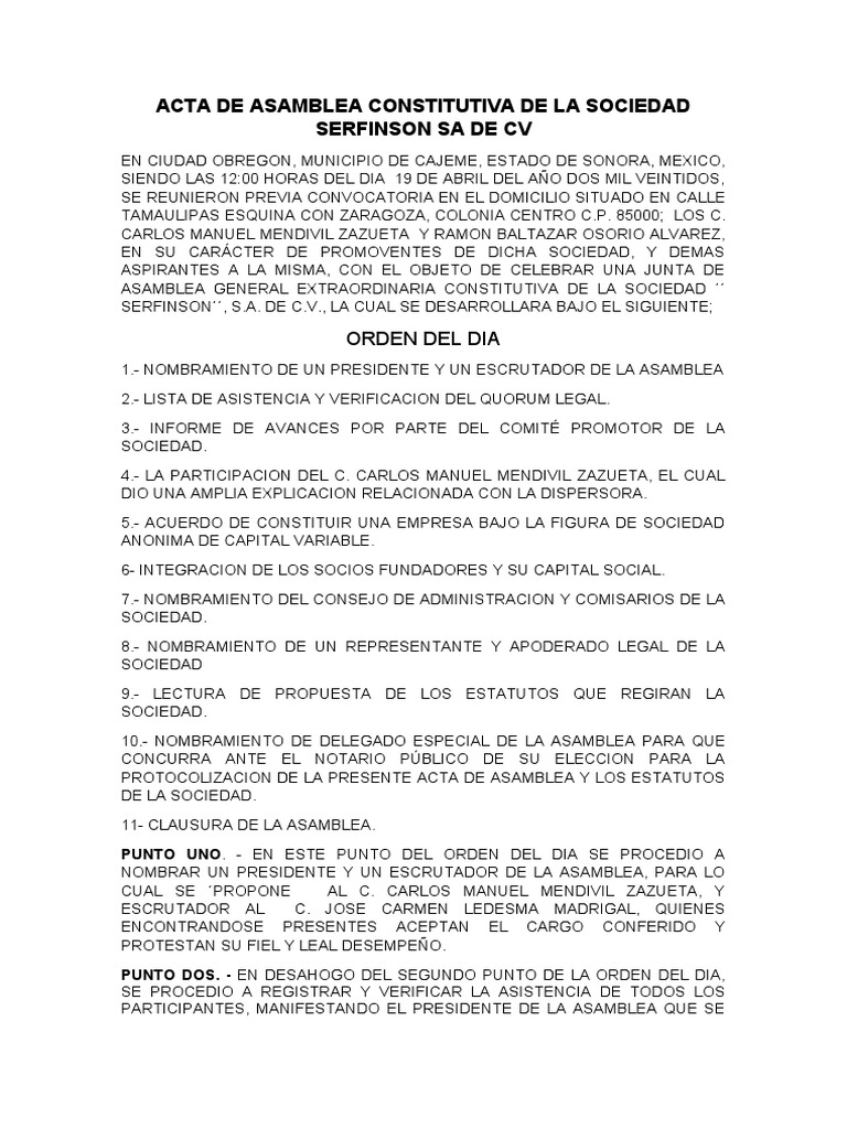 ACTA CONSTITUTIVA SERFISON JUNIO 22 (Corregida) | PDF | Amortización (Negocio) | Sociedad de ...