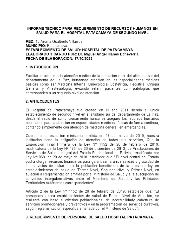 Informe Técnico PARA REQUERIMIENTO DE PERSONAL | PDF | Hospital | Medicina
