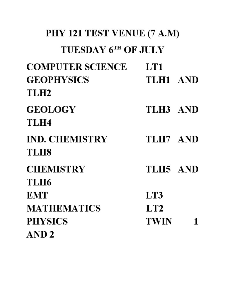 2021 Phy 121 And Phy 122 Test Venues Pdf