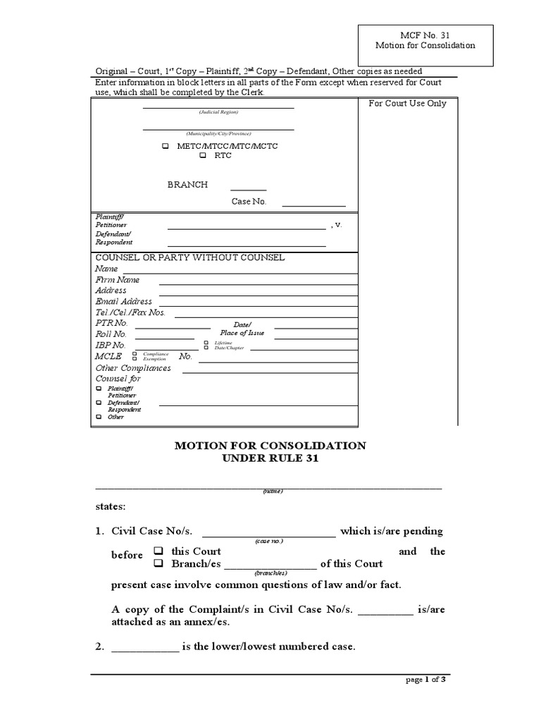 Motion For Consolidation - SAMPLE FOR ACADEMIC USE ONLY | PDF | Lawsuit ...