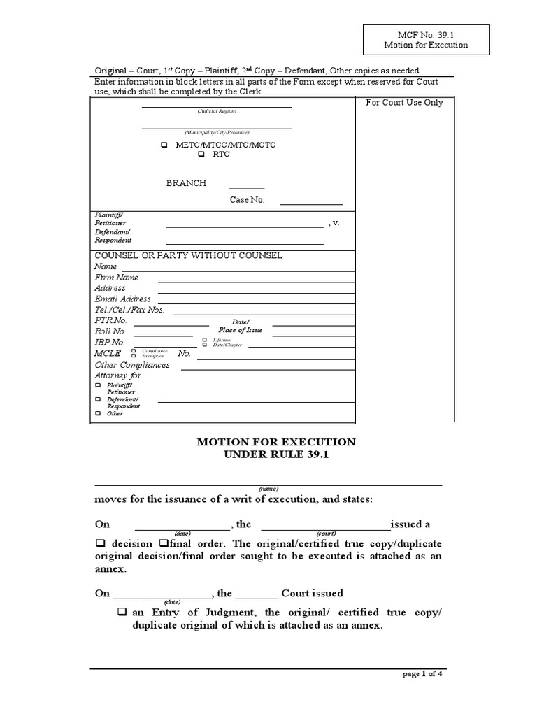 Motion For Execution - SAMPLE FOR ACADEMIC USE ONLY | PDF | Judgment ...