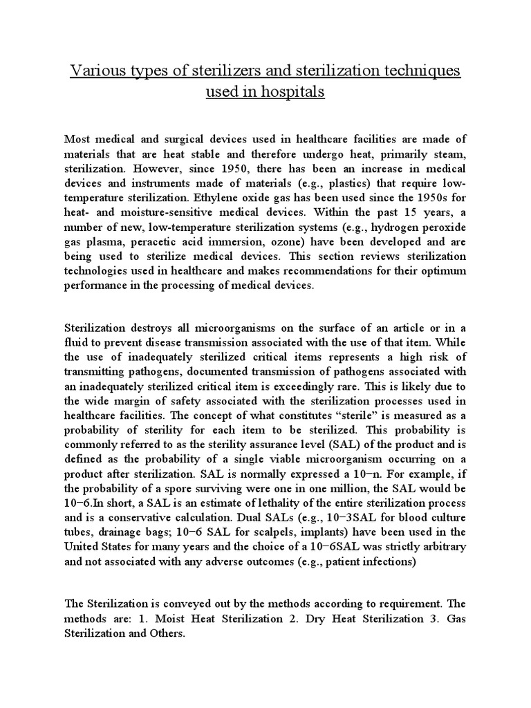 Various Types of Sterilizers and Sterilization Techniques Used in Hospitals | PDF ...