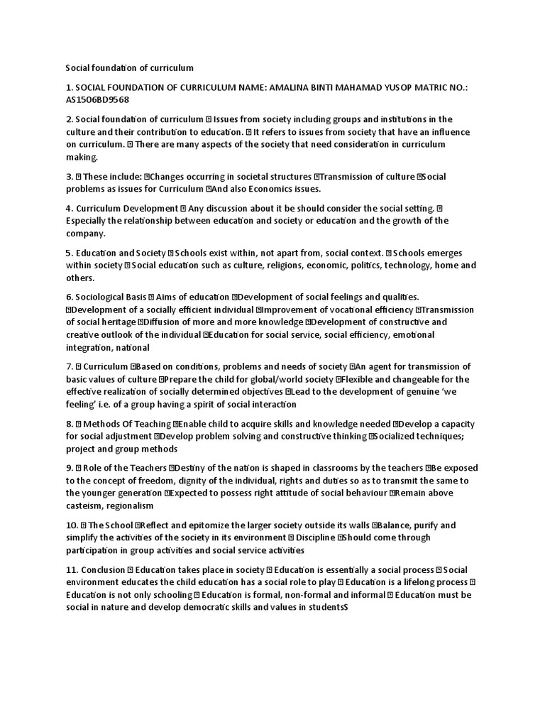 Social Foundation of Curriculum | PDF | Society | Curriculum