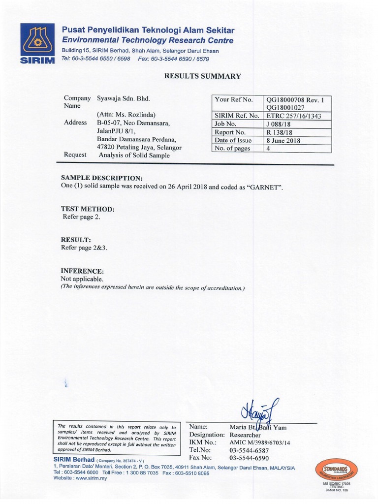 Sirim Report - Fresh Garnet TCLP | PDF