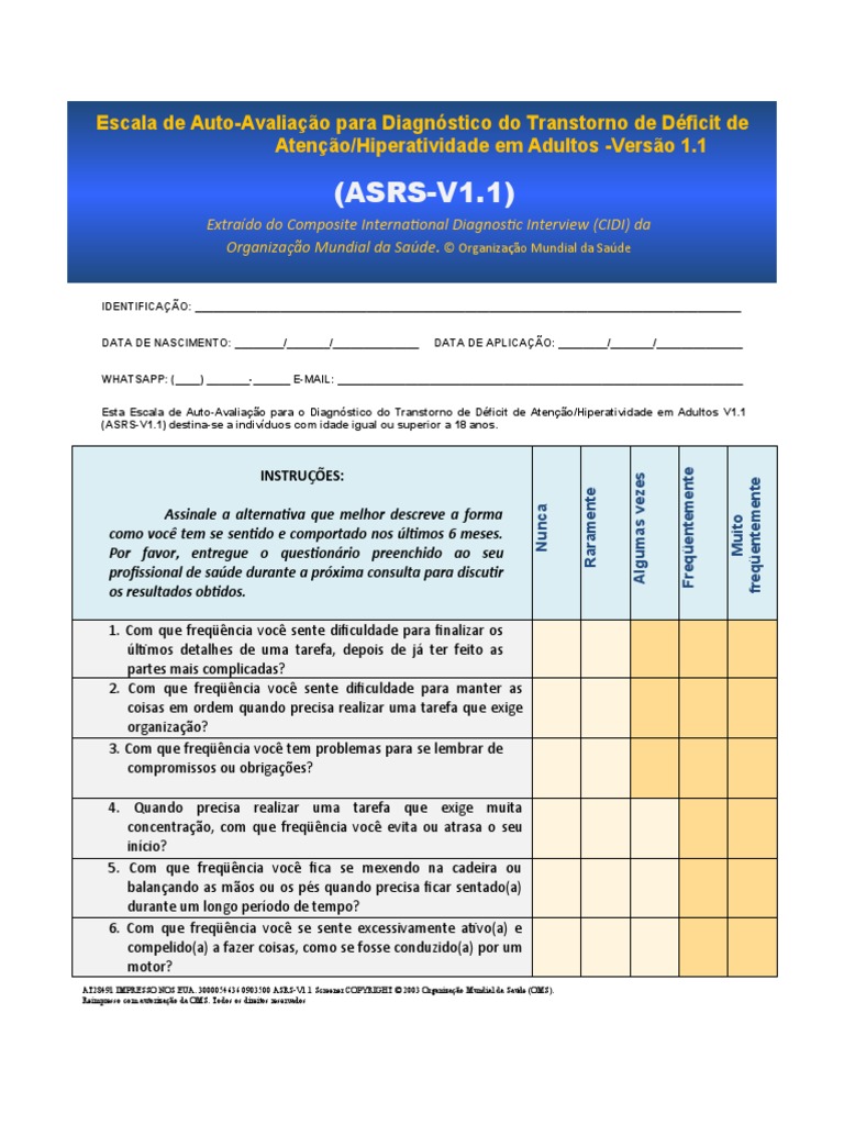 ASRS-V1.1 - Escala de Auto-Avaliação para Diagnóstico Do Transtorno de ...