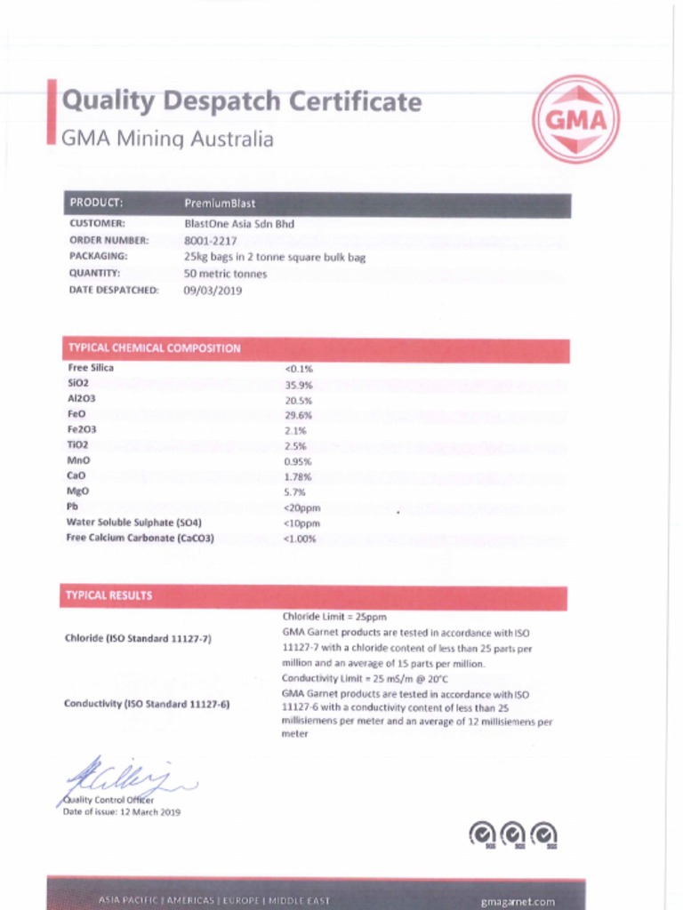 2019-03-09 Batch Certificate Premium Blast 25kg BB - PGD | PDF