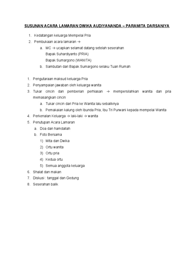 Susunan Acara Lamaran Dwika-Paramita | PDF