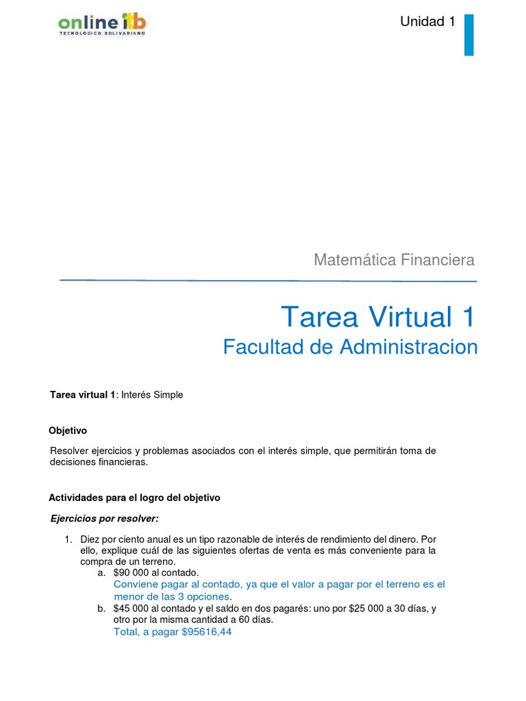 Tarea Virtual 1 MATEMATICAS FINACIERA | PDF | Interés | Bancos
