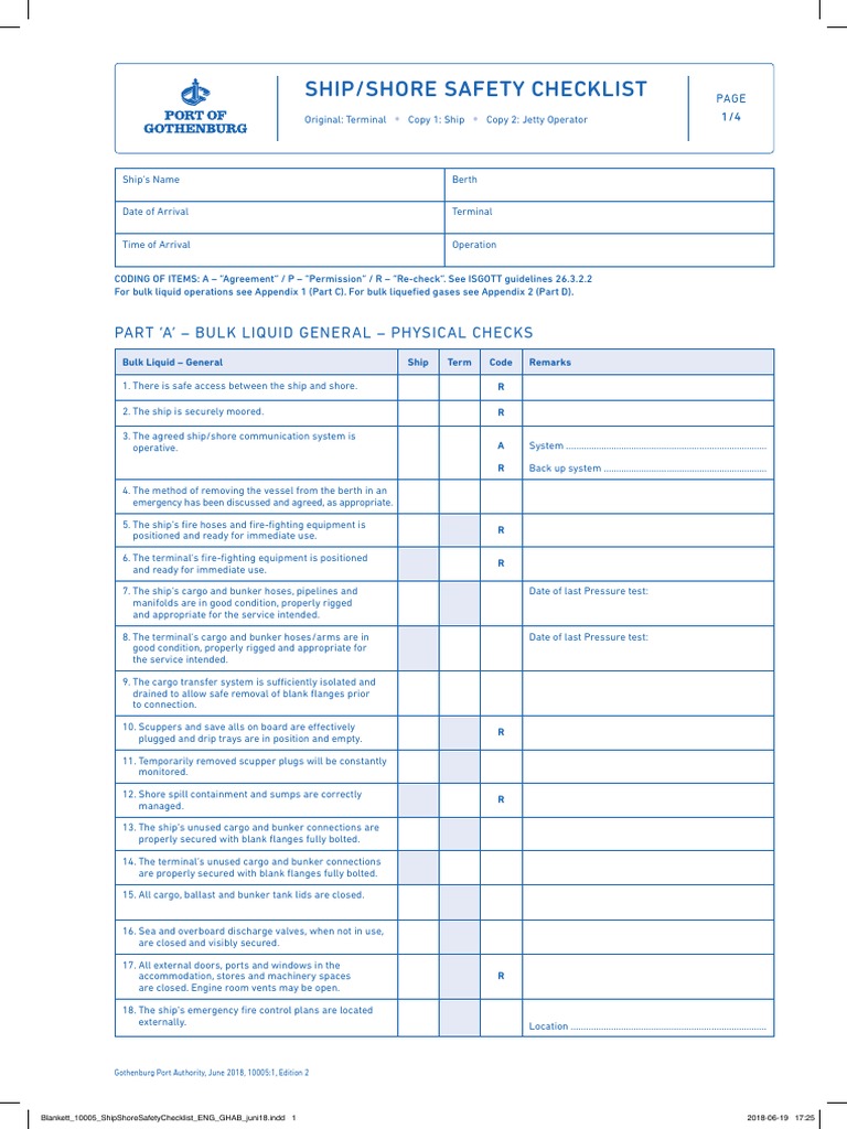 Ship Shore Safety Checklist Part A | PDF | Oil Tanker | Ships