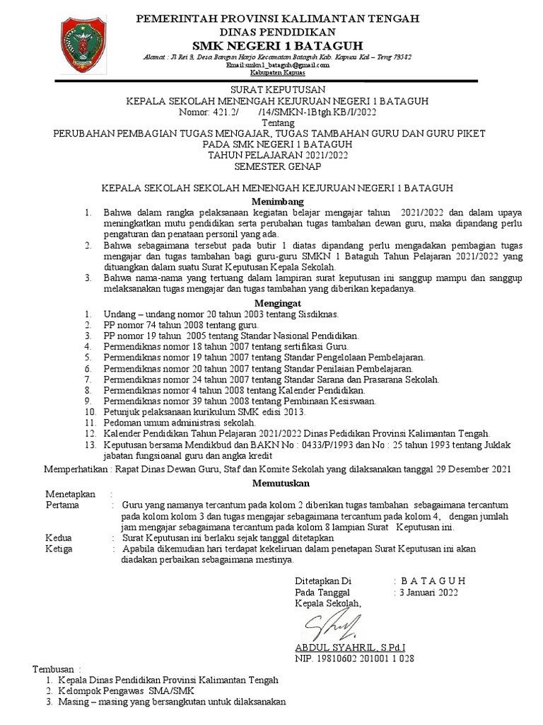 SK Pembagian Tugas 2021-2022 Genap | PDF