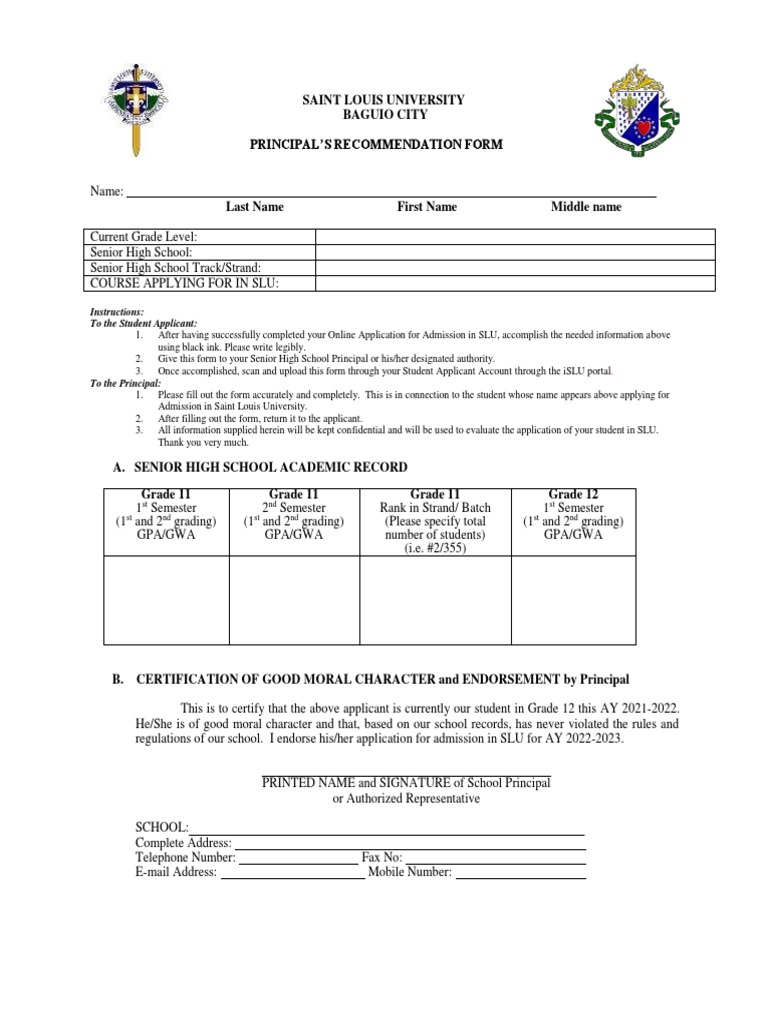 Principals Recommendation Form AY 2022 2023 | PDF