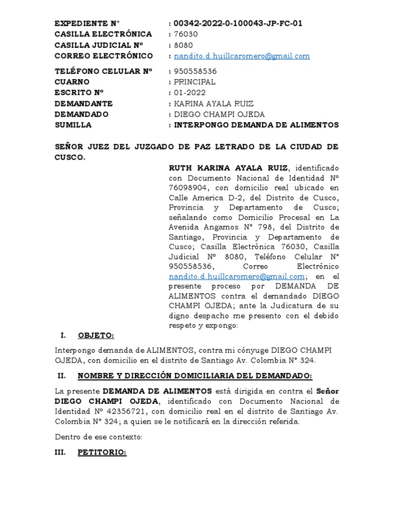 Modelo de Demanda de Alimentos Final | Descargar gratis PDF | Demanda judicial | Pensión alimenticia
