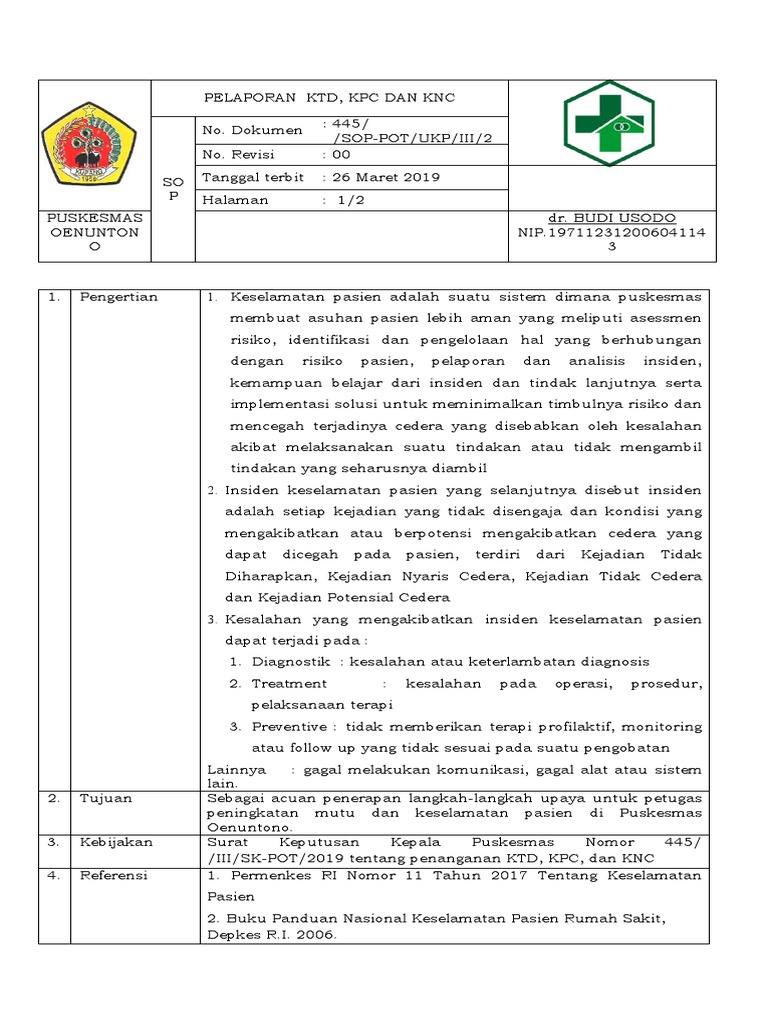 Sop Pelaporan KTD KTC KNC Revisi | PDF