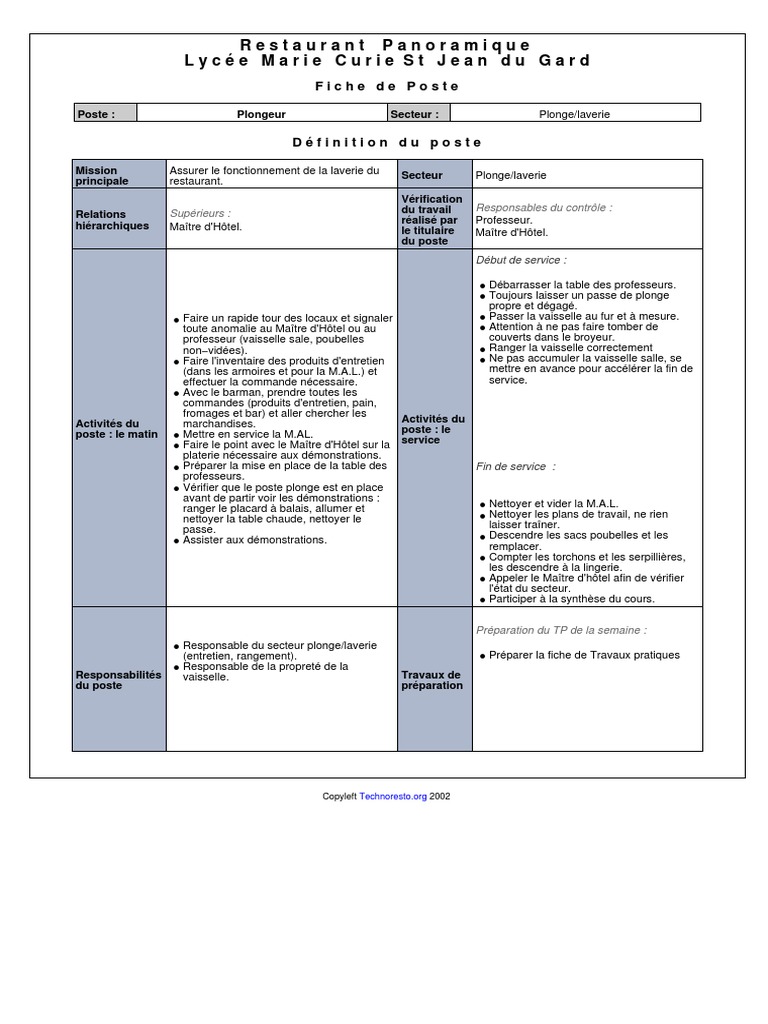 Fiche de poste : Plongeur en restauration | PDF