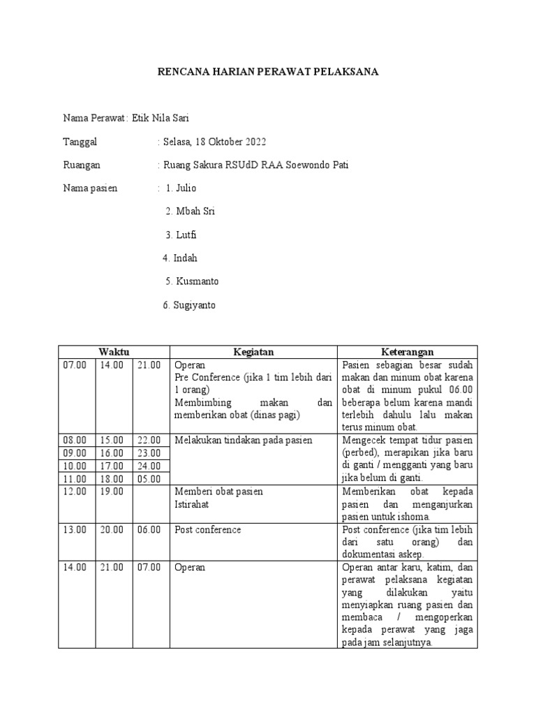 Rencana Harian Perawat | PDF
