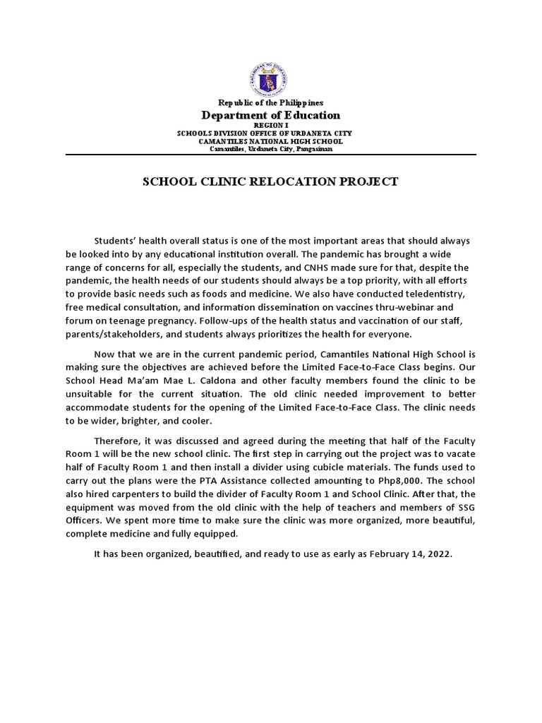 School Clinic Relocation Proposal | PDF | Public Services | Social Programs