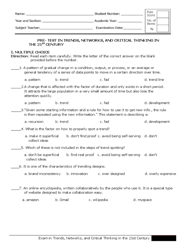 Exam on 21st Century Trends and Thinking | PDF | Climate Change ...