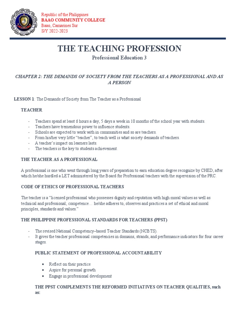 Chapter 2 The Demands of Society From The Teachers As A Professional and As A Person | PDF ...