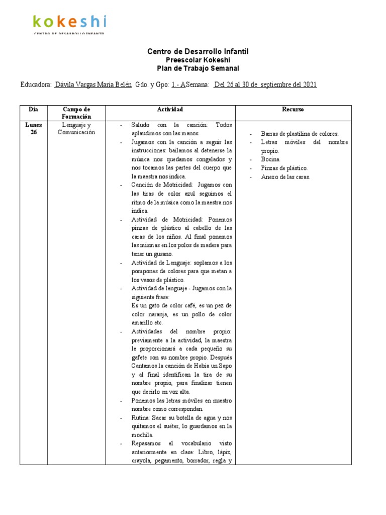 Plan Semana 4 Primero Preescolar Septiembre 2022 | PDF | Canciones