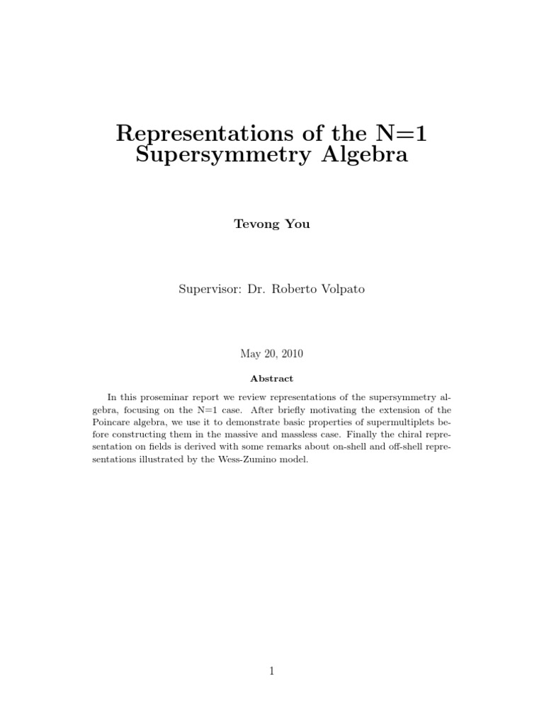 N=1 Supersymmetry Algebra Representations | PDF | Symmetry | Abstract ...