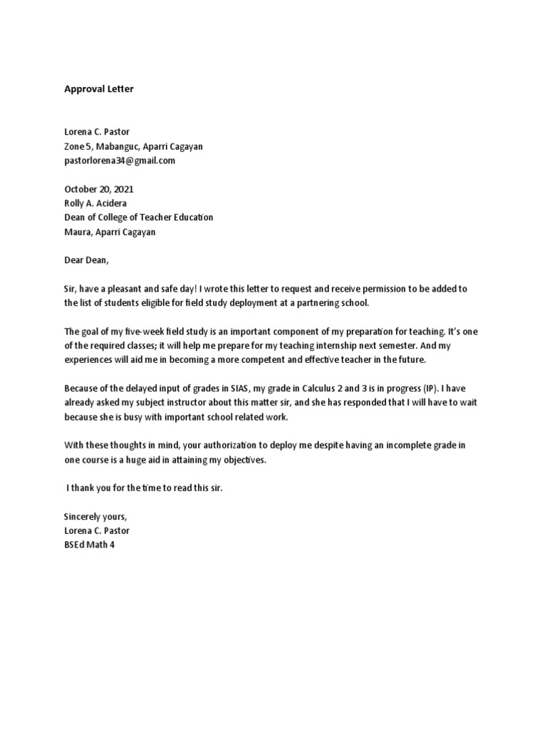 Approval Letter - Lorena Pastor | PDF | Career & Growth | Self-Improvement
