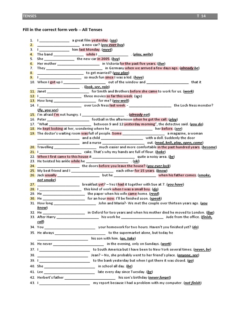 Fill in The Correct Form Verb - All Tenses | PDF