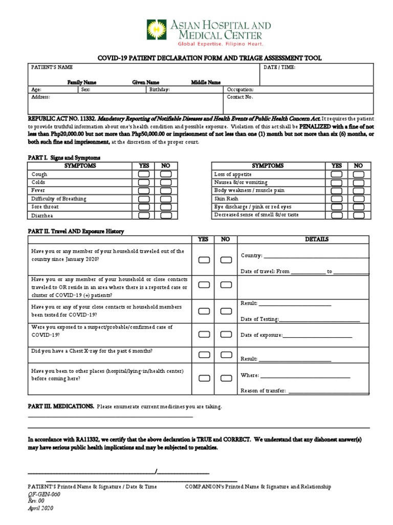 ahmc_health_declaration_form | PDF | Common Cold | Diseases And Disorders