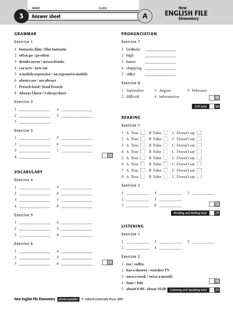 Nef Elem Filetest 3a Answersheet | PDF | Drink | Hot Drinks